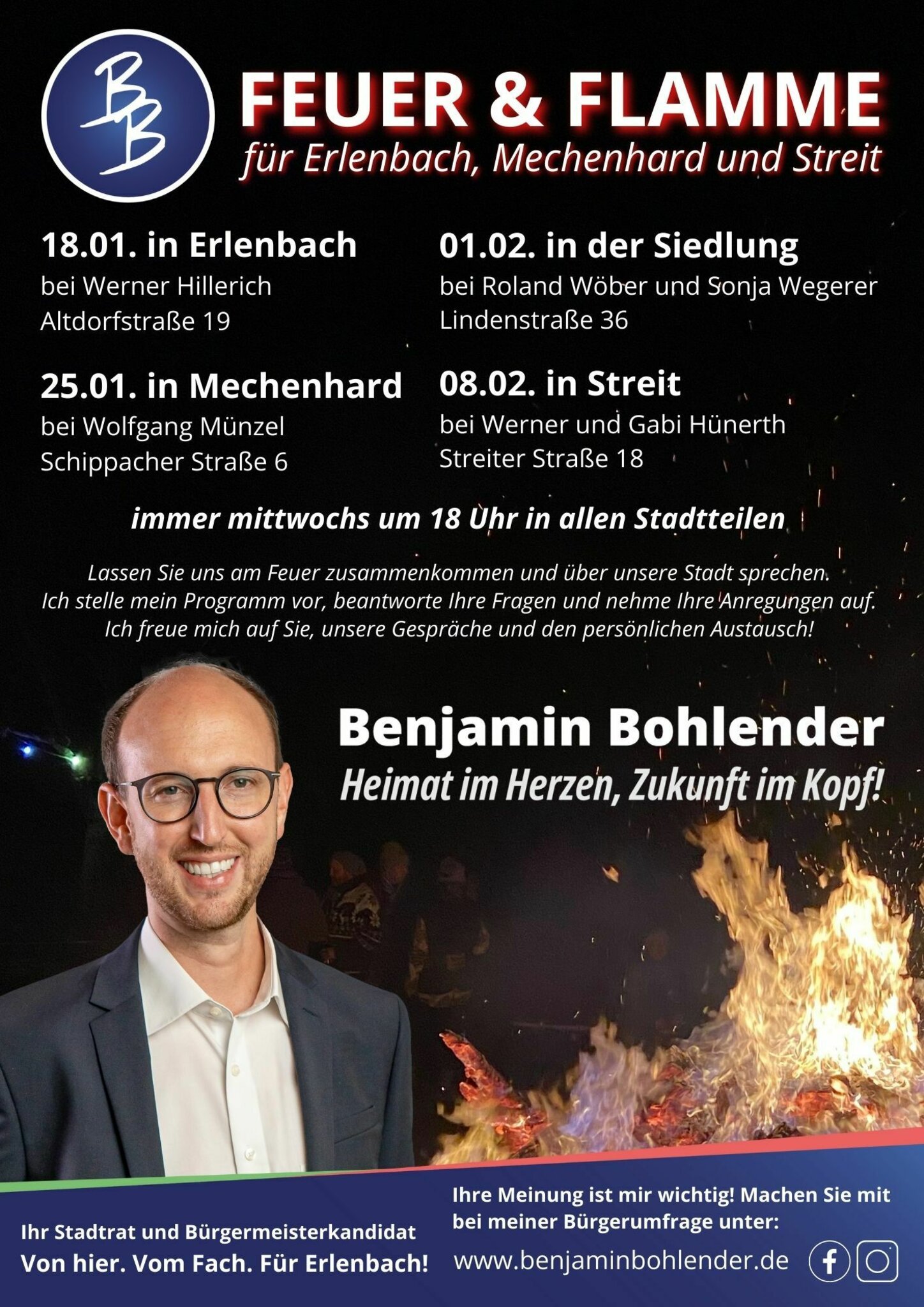 „Feuer & Flamme“ in der Siedlung mit Bürgermeisterkandidat Benjamin Bohlender